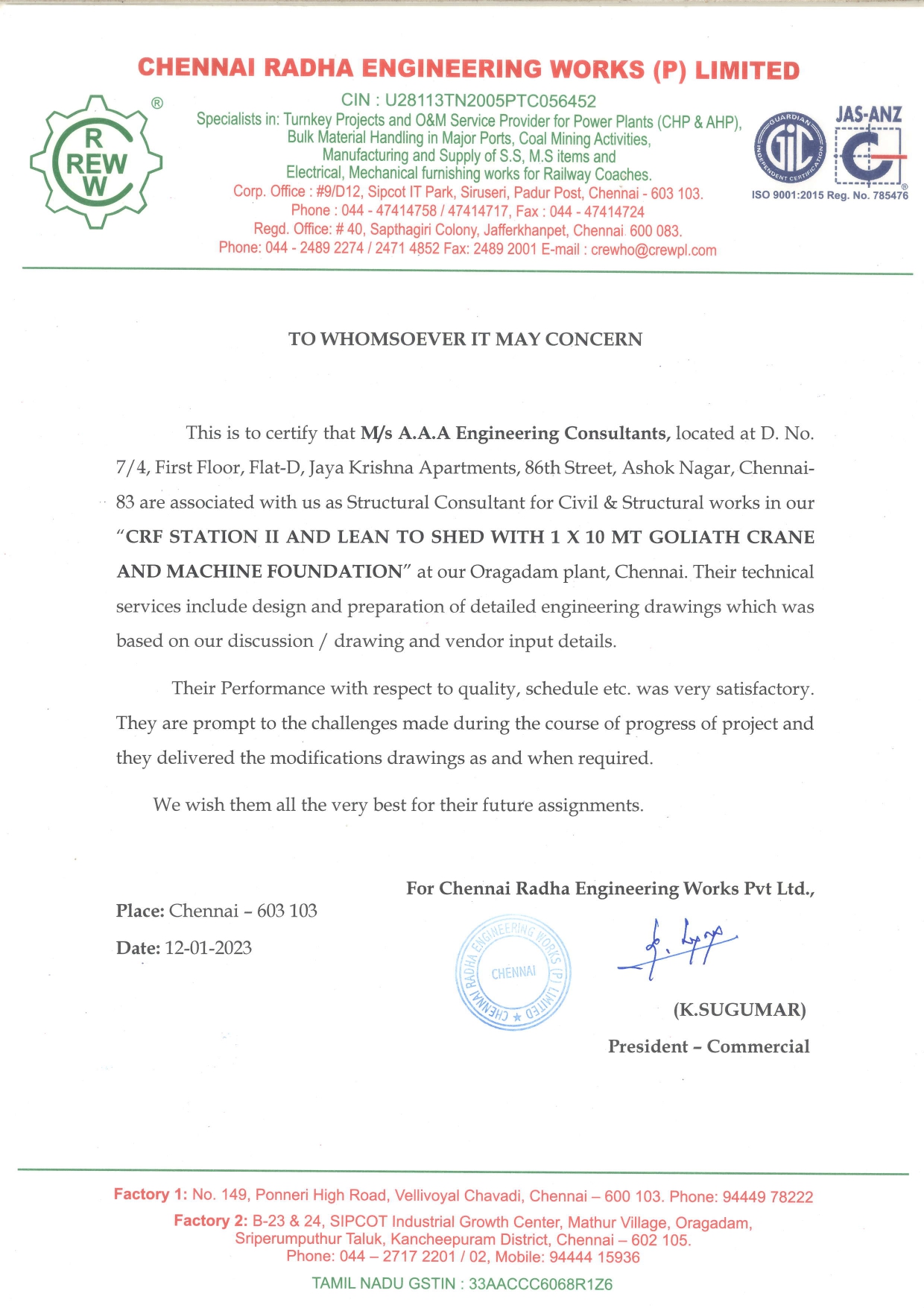 Certifications & Testimonials - A.A.A. ENGINEERING CONSULTANTS