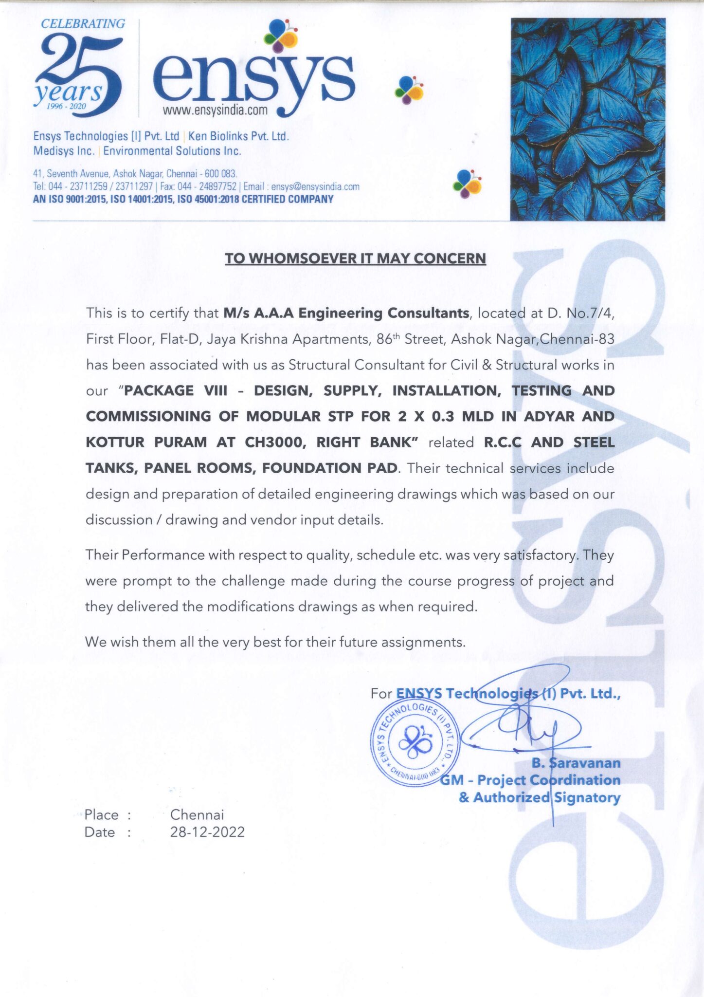 Certifications & Testimonials - A.A.A. ENGINEERING CONSULTANTS